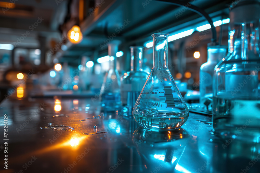 science laboratory, a glass cup filled with chemical fluid, stands on a ...