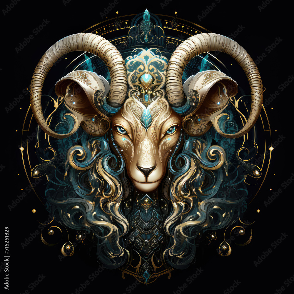 Capricorn goat head in the form of a cosmic symbol. Deep gold and teal ...