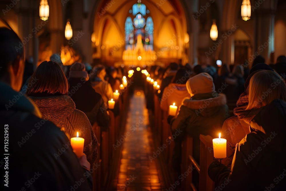 Individuals in prayerful vigil, with the glow of candles illuminating ...