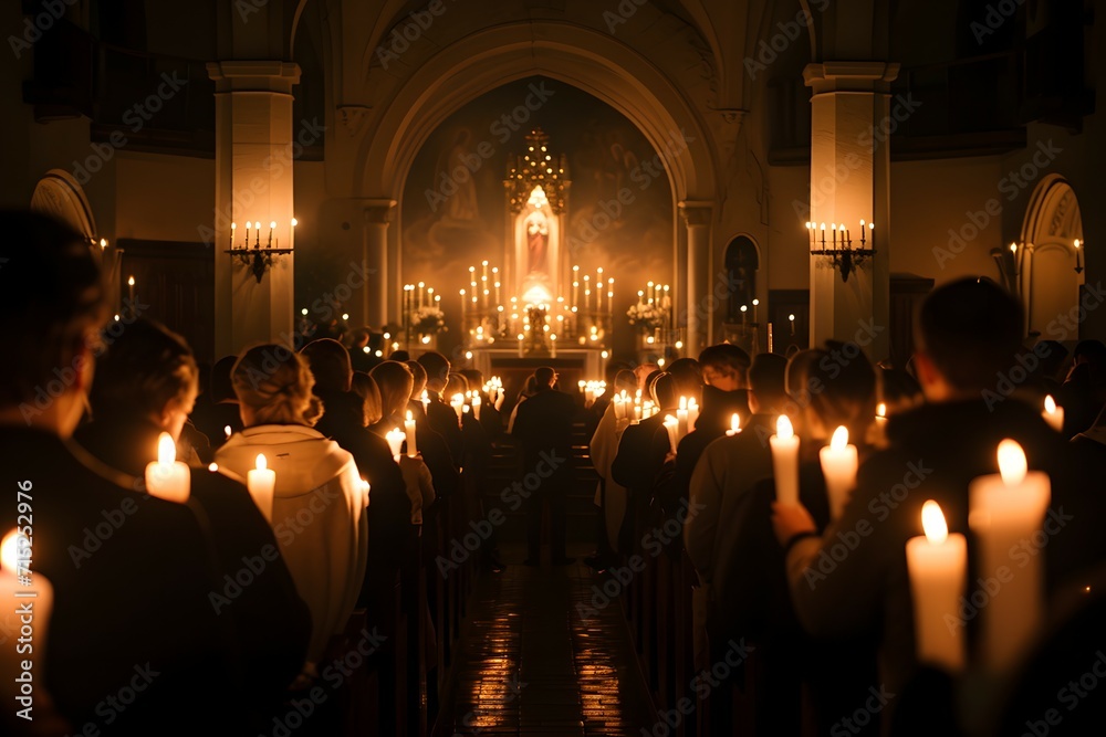 Individuals in prayerful vigil, with the glow of candles illuminating ...