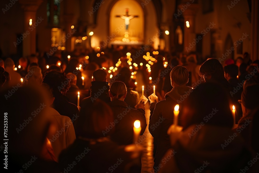 Individuals in prayerful vigil, with the glow of candles illuminating ...