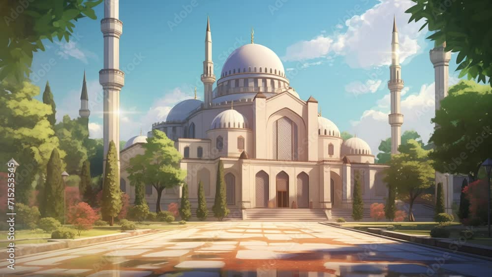 Animated illustration of a mosque building with natural plant ornaments ...