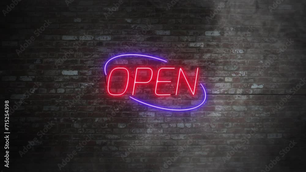 Open red neon color and circle frame blue neon signboard on bricks wall ...