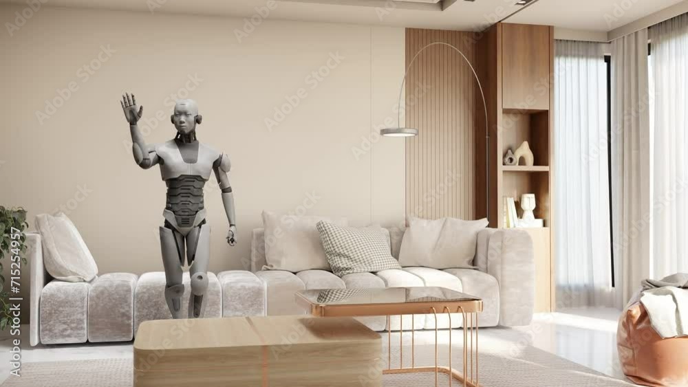 humanoid prototype robot saying hi in modern apartment room artificial ...