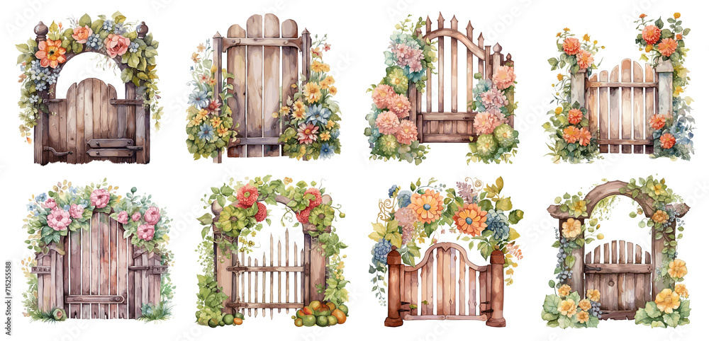 Set of watercolor vintage floral gate Sticker, Clipart, PNG, generated ...