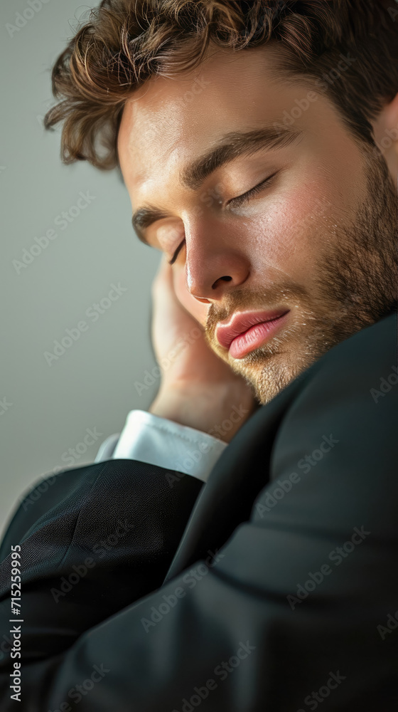 Young, ambitious, business man, black suit, happy face, close eyes. He ...