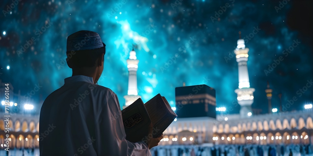 back view Muslim man sitting praying. holding and read Quran in front ...