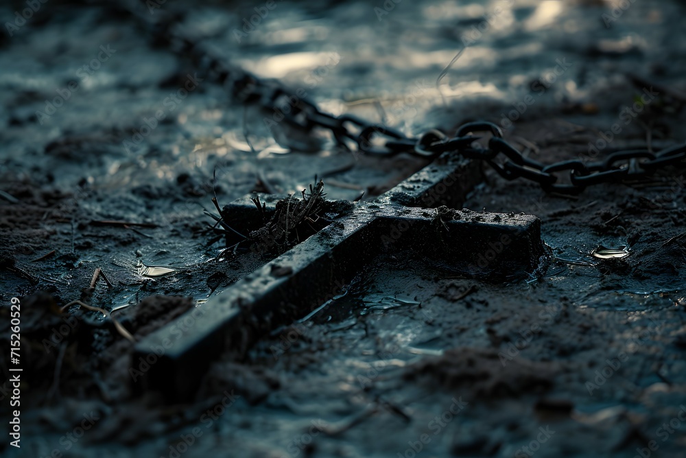 A somber depiction of a rustic cross with chains on a dark background ...