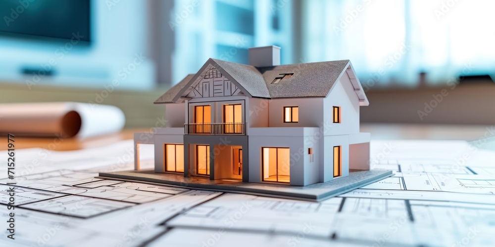 3d model house on architecture floorplan paper with blur background ...