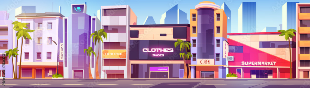 Modern city street with shops and road. Vector cartoon illustration of ...