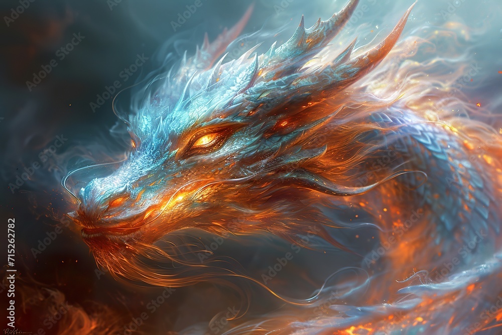 electric tesla coil chaos effect on a chinese dragon, swirling colors ...