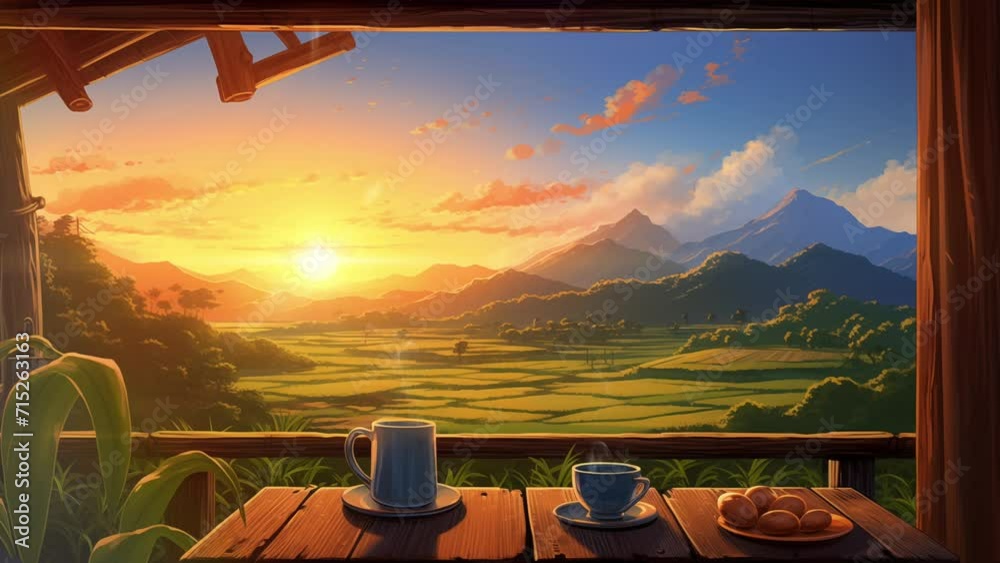 Animated illustration of a cup of drink with a view of rice fields in ...