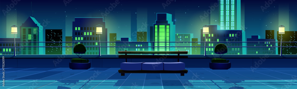Night city view from rooftop terrace. Vector cartoon illustration of ...