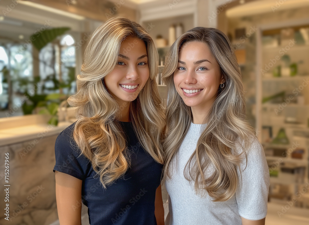 Portrait of two beautiful female models standing facing each other ...