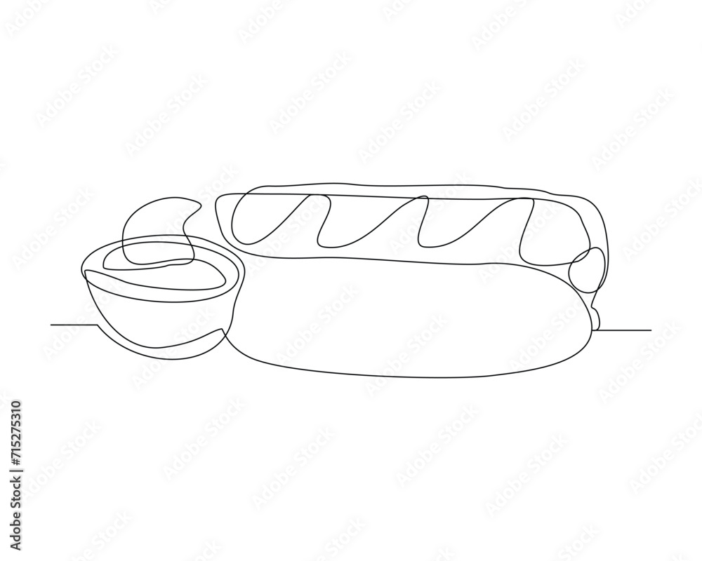 Continuous single line sketch drawing of hot dog sausage mustard bread ...