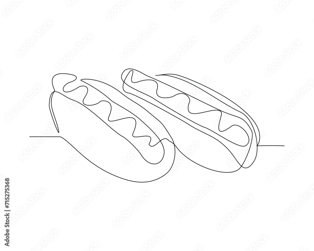 Continuous single line sketch drawing of hot dog sausage mustard bread ...