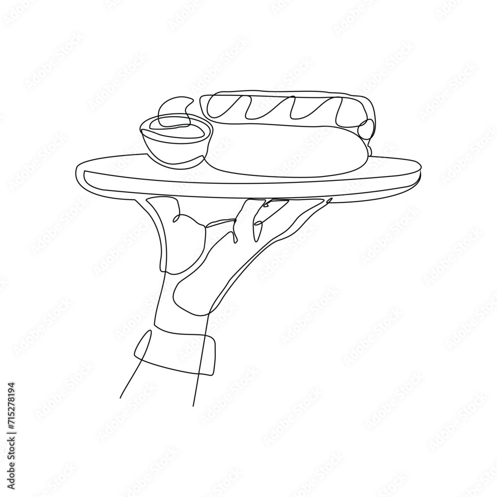 Continuous single line sketch drawing of waitress hand holding tray ...