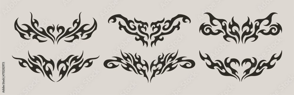 Neo Tribal Tattoo Set. Y2K Tattoo Hearts. Vector Gothic Acid Elements ...