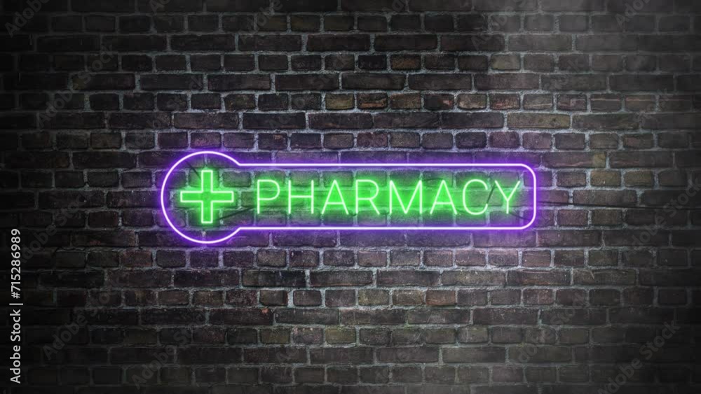 Pharmacy green neon signboard on bricks wall background. Pharmacy logo ...