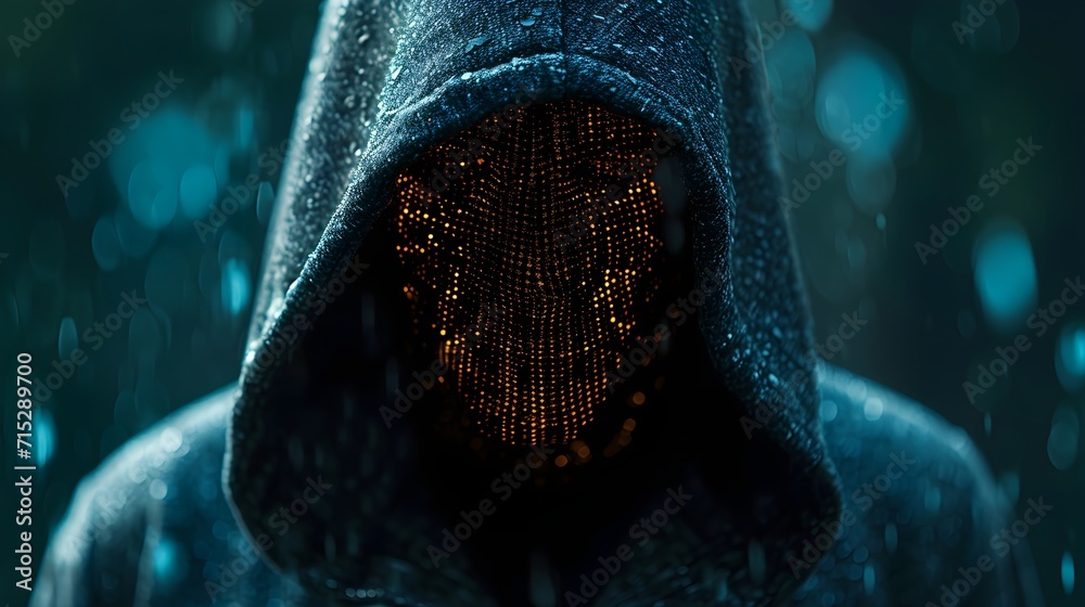 cyber security hacker with a hoodie hiding face at gloomy background. cyber security, hacker and ...