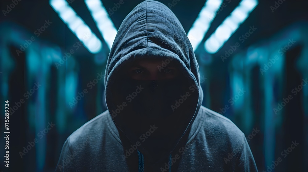 cyber security hacker with a hoodie hiding face at gloomy background. cyber security, hacker and ...