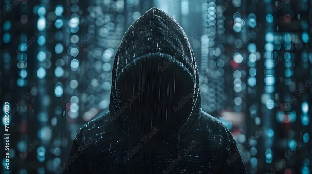 cyber security hacker with a hoodie hiding face at gloomy background. cyber security, hacker and ...