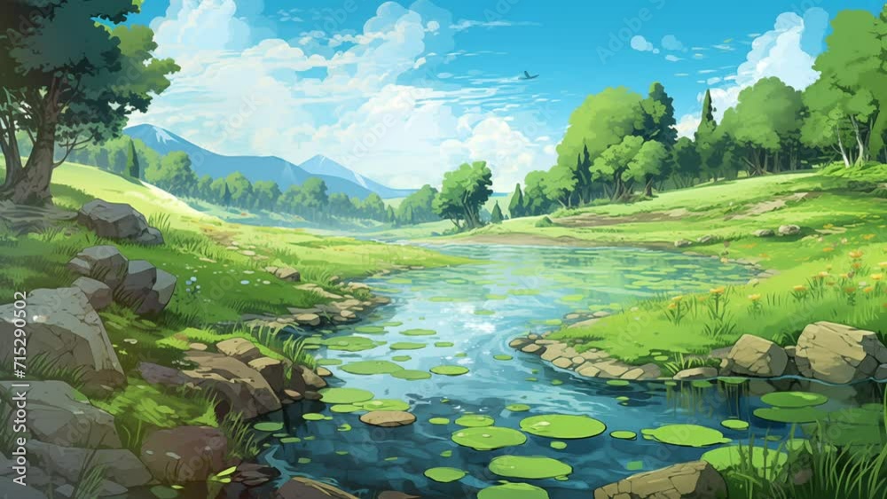 Animated illustration of a tropical river in the middle of a forest ...