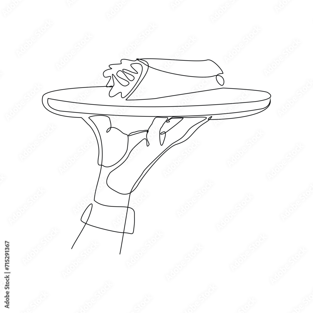 Continuous single line sketch drawing of waitress hand holding tray ...
