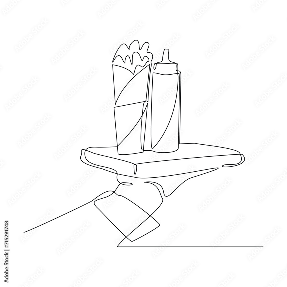 Continuous single line sketch drawing of waitress hand holding tray ...