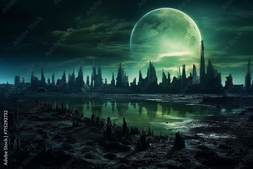 Mysterious post-apocalyptic cityscape with alien architecture ...