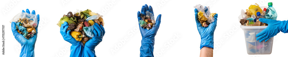 Hands in blue gloves sorting assorted types of waste for recycling or ...