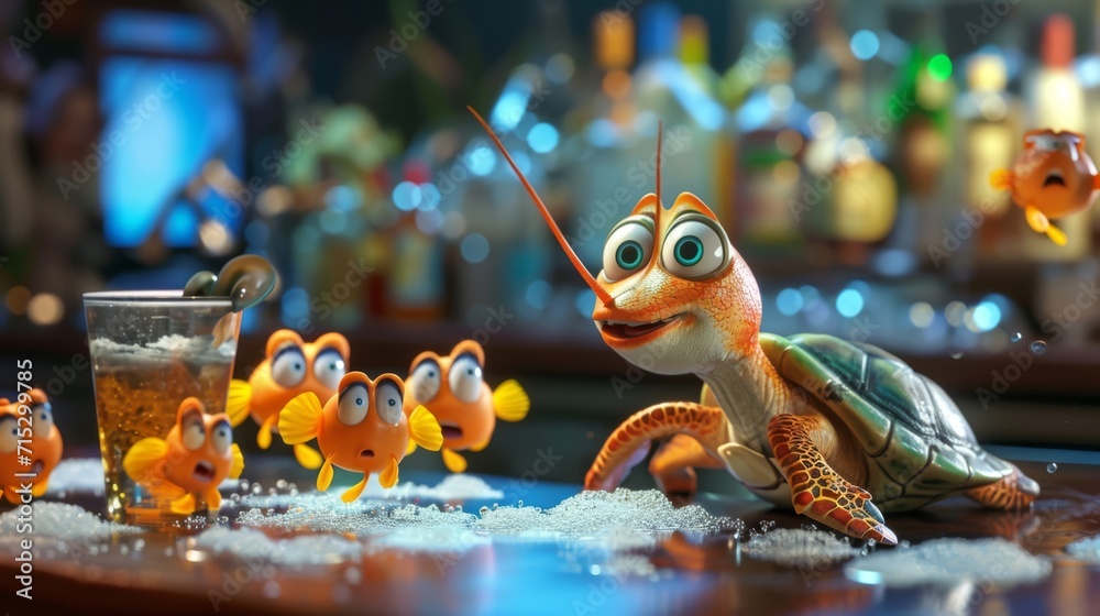 Cartoon scene of a shrimp telling jokes to a group of amused fish while ...