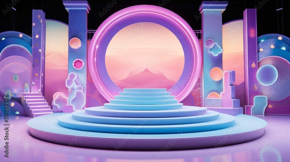 Cute TV show stage with soft shapes and shiny, round center. A happy ...