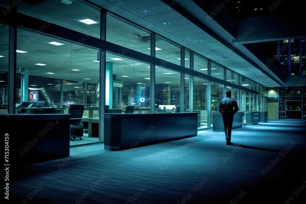 Security officer patrolling an empty office building during the late ...
