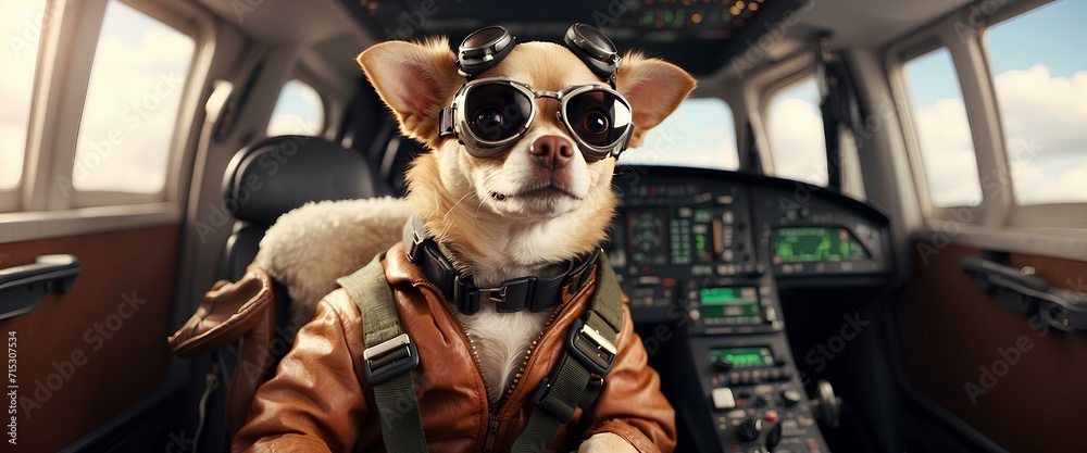 a portrait photo of a chihuahua dressed as a pilot, seated in the ...
