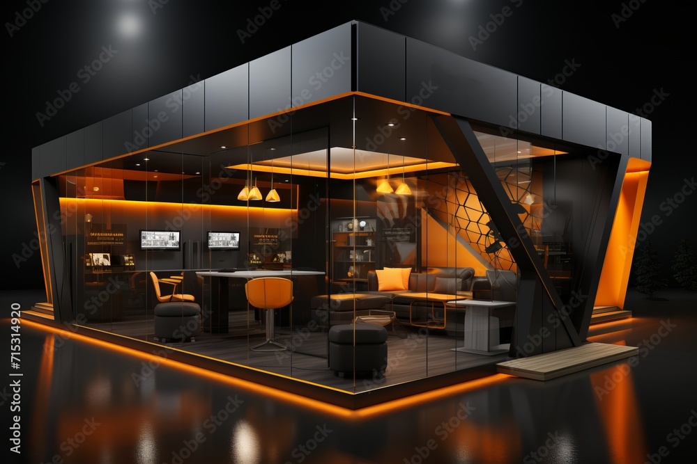 Trade Fair Booth with Digital Screens, on an isolated Charcoal Gray ...