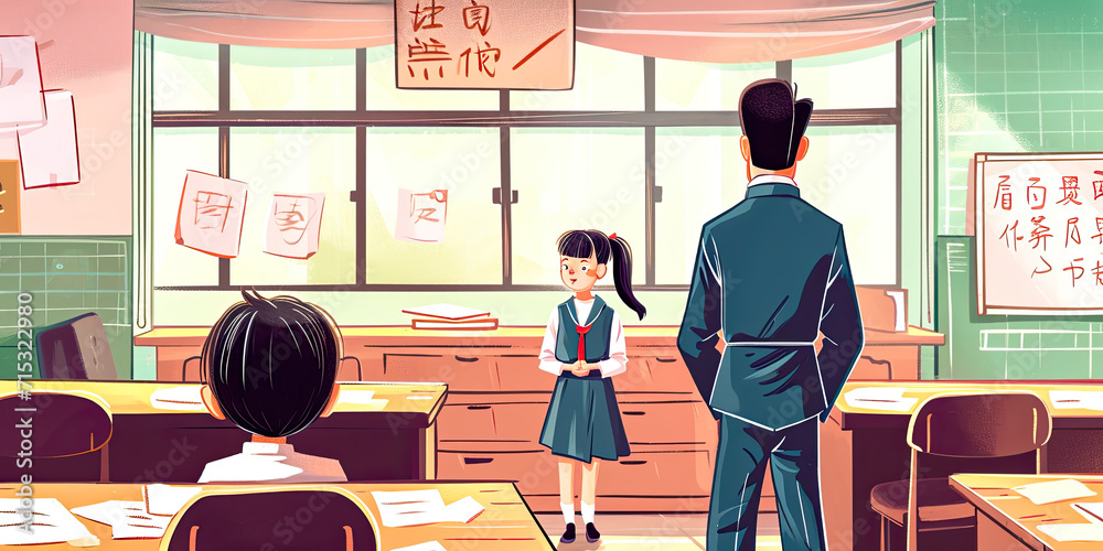 Chinese teacher and pupil student learning, classroom, educational ...