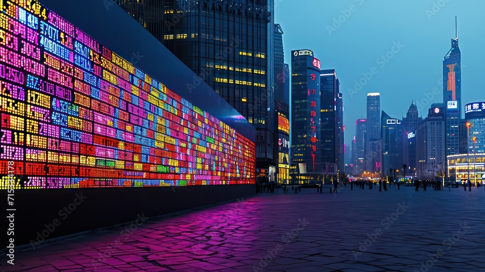 Foto de a digital stock ticker scrolling across a large LED screen in a ...