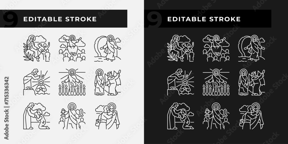 New testament scenes linear icons set for dark, light mode. Life and ...