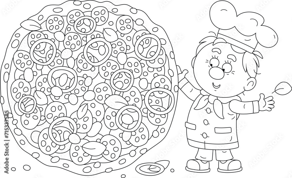 Funny young cook in a chef hat holding a big, very tasty and freshly ...