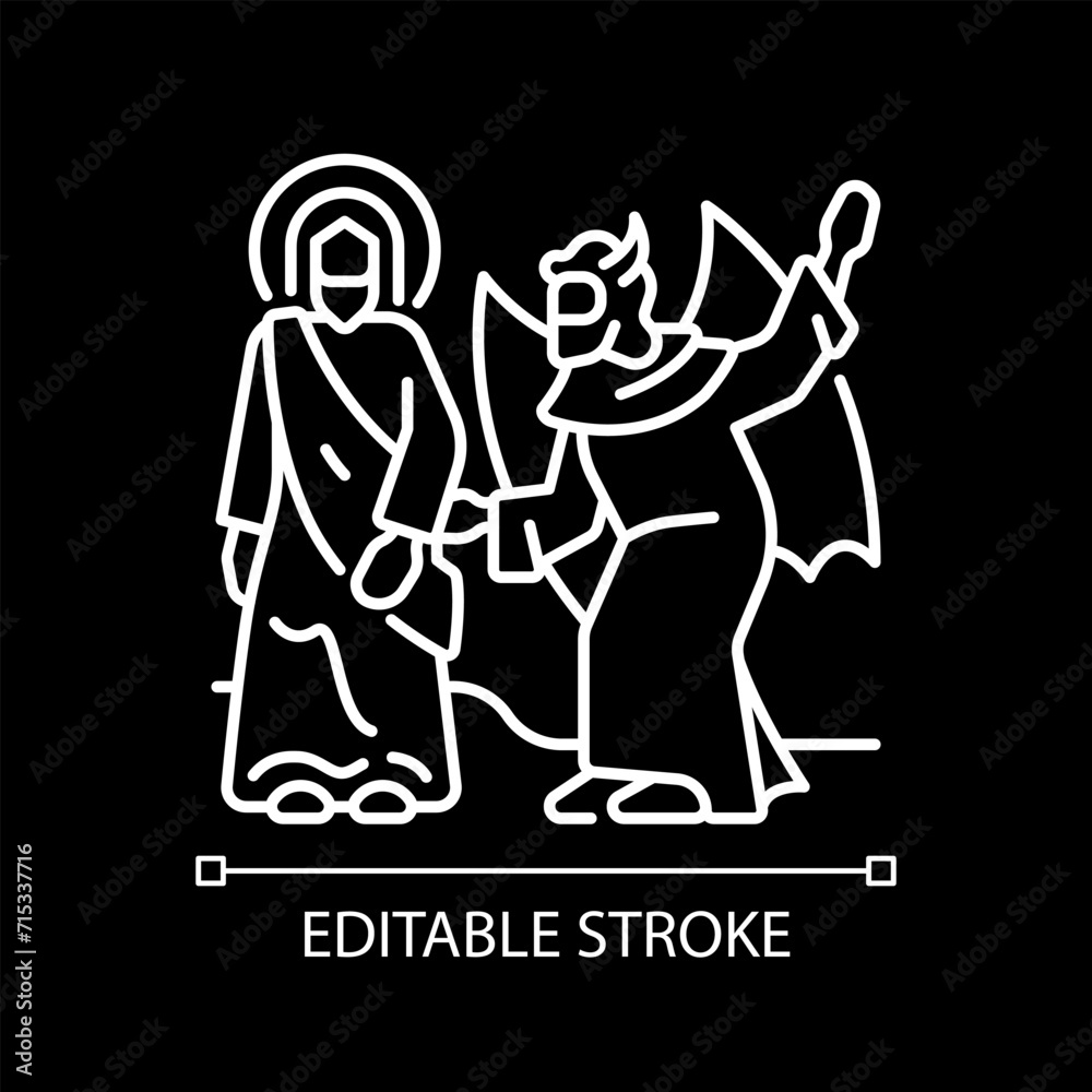 Temptation of Christ white linear icon for dark theme. Jesus and Satan ...
