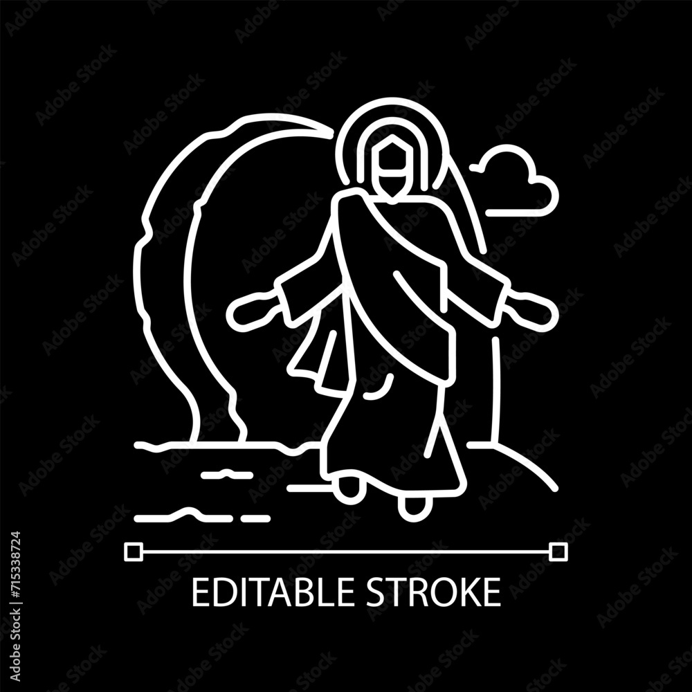 Resurrection of Jesus white linear icon for dark theme. God raised ...