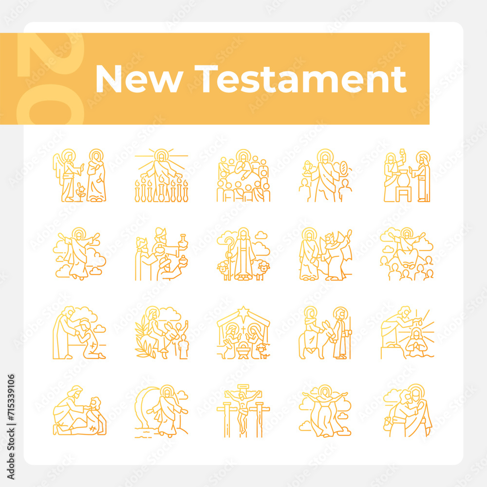New testament gradient linear vector icons set. Life of Jesus Christ ...