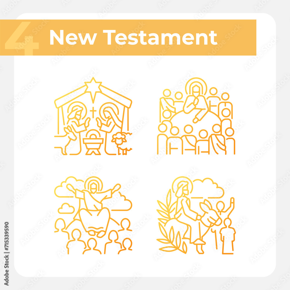 Ministry of Jesus gradient linear vector icons set. Palm sunday and ...