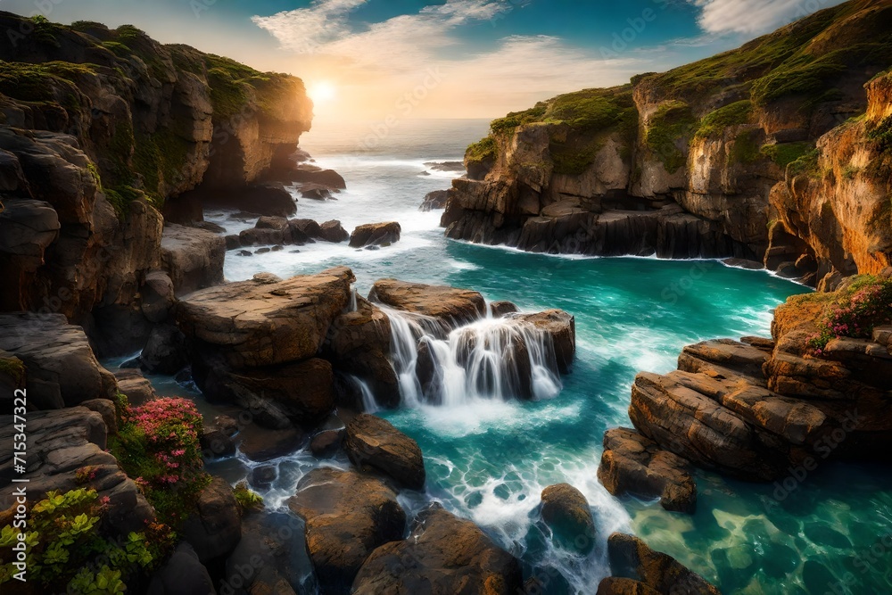 An enchanting coastal scene, where rugged cliffs meet the crashing ...