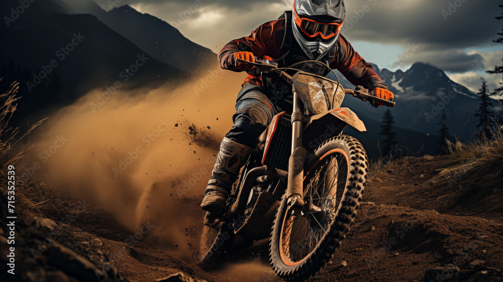 An intense scene of a motocross rider aggressively taking a turn on a ...