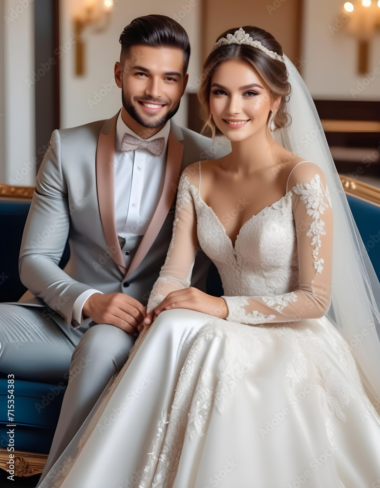 Portrait of happy smiling beautiful and cute young bride model woman in ...