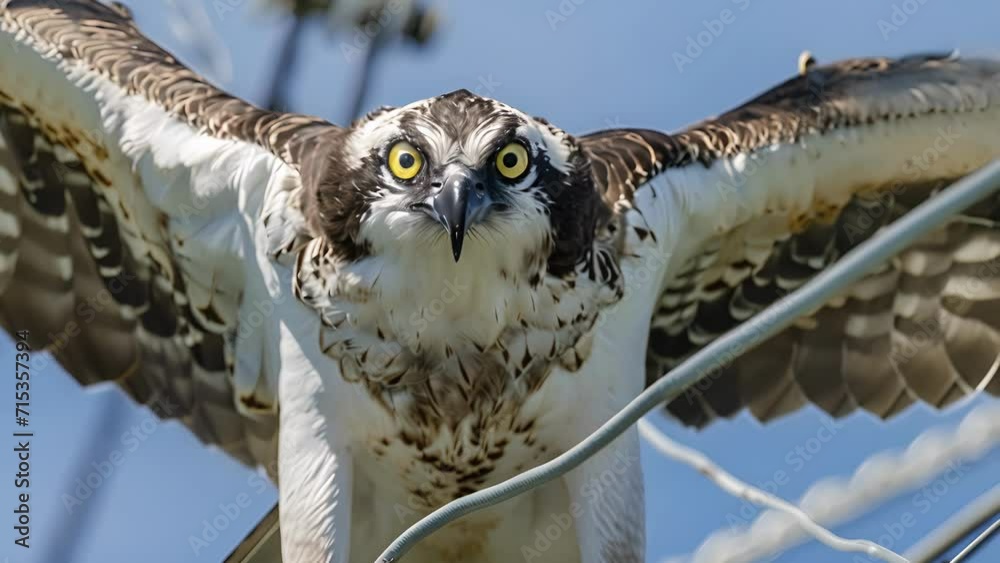 Vidéo Stock Closeup of an Osprey a master fisherman tangled in power ...
