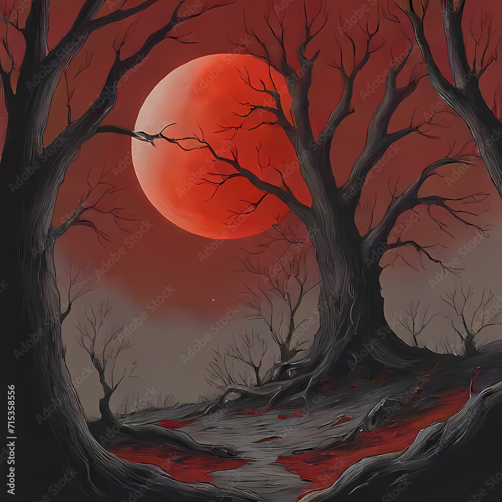 A desolate forest under a blood-red moon, setting the eerie tone. An ...