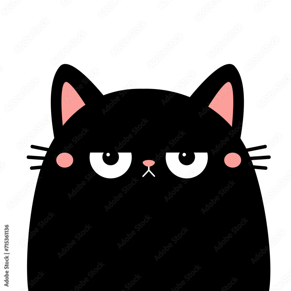 Cute cat. Sad angry face head. Kitten with big eyes. Black silhouette ...